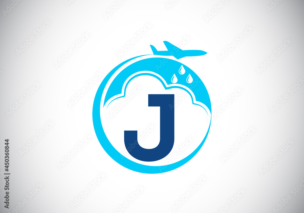 Initial J monogram alphabet with an airplane and cloud. Artificial ...