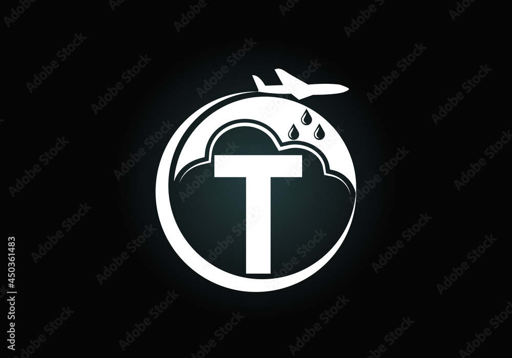Initial T monogram alphabet with an airplane and cloud. Artificial ...