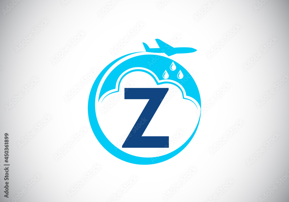 Initial Z monogram alphabet with an airplane and cloud. Artificial ...