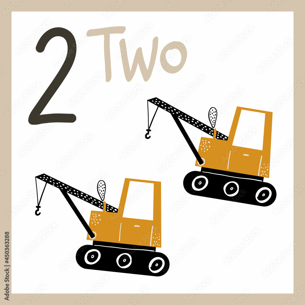 Number two. Cute hand drawn cars. Vector card for kids with numbers for ...