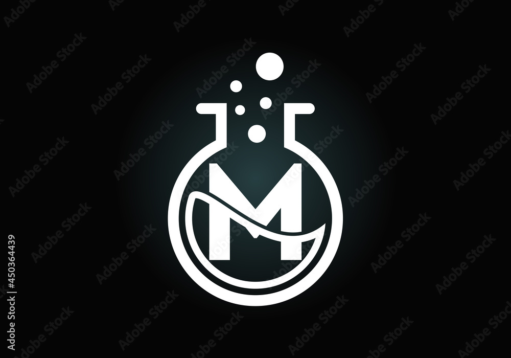 Initial M monogram alphabet with lab glass, chemical liquid, and ...
