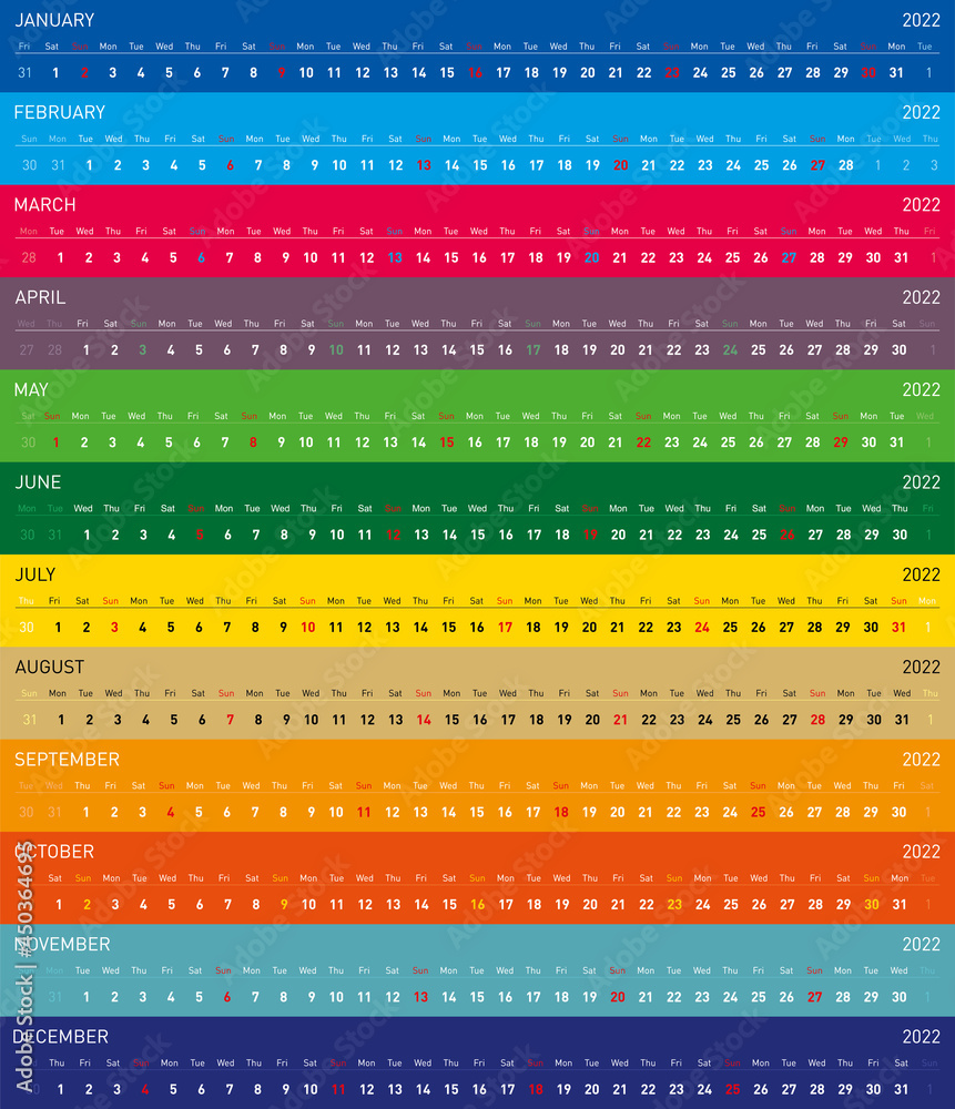 Horizontal calendar for 12 months, in one line, 2022, business style ...