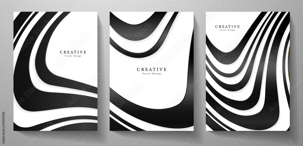 Black and white cover design set. Wavy background with line pattern ...