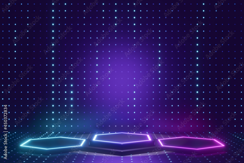 Digital product background. Three hexagon podium with led light ...