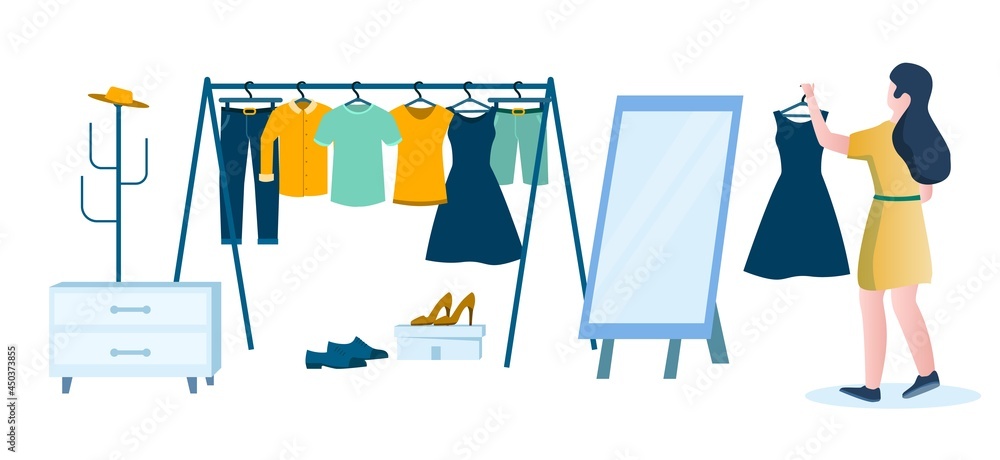 Woman in dressing room, vector illustration. Female cartoon character ...