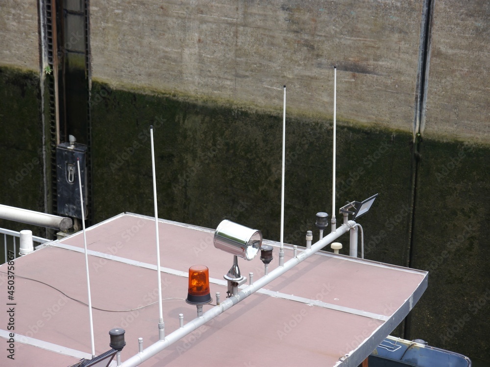 Roof of the wheelhouse of an inland cargo ship in the lock chamber in ...