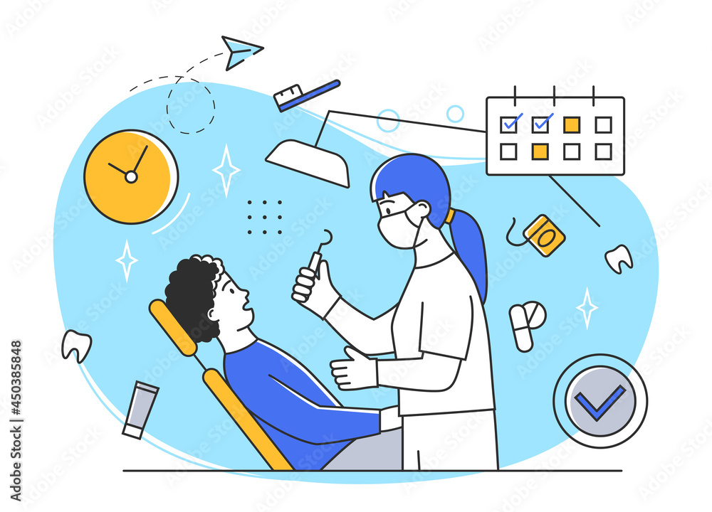 Young male character at the dentist appointment. Cute man is having his ...