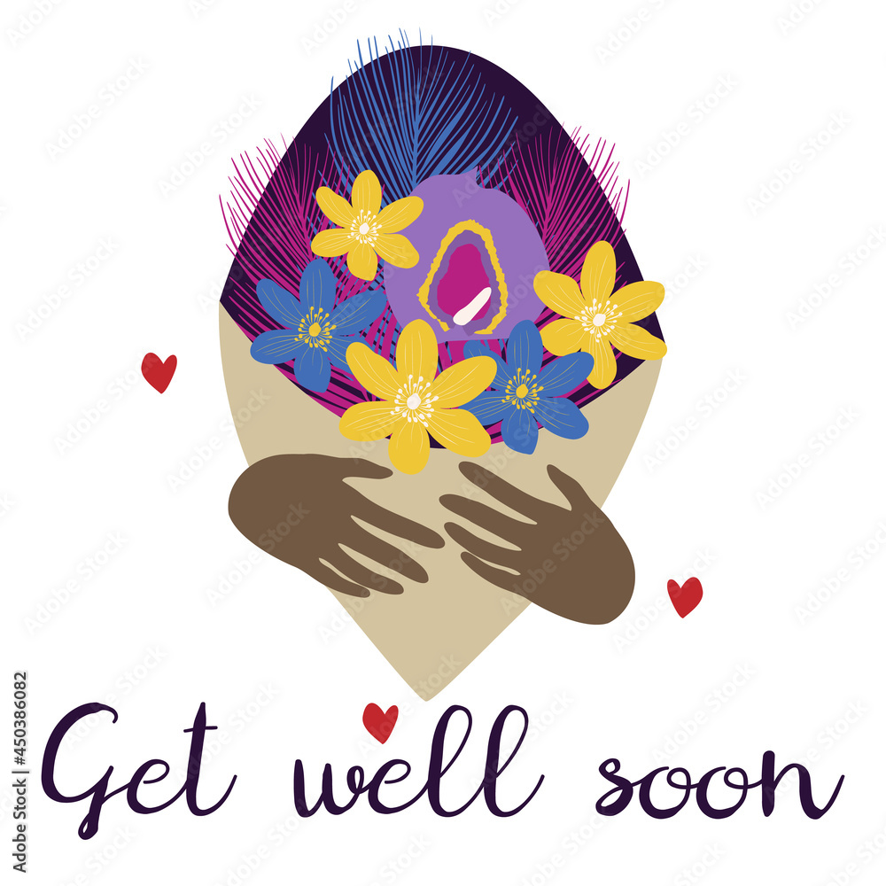 Get well soon calligraphy vector card, hands holding bouquet with ...