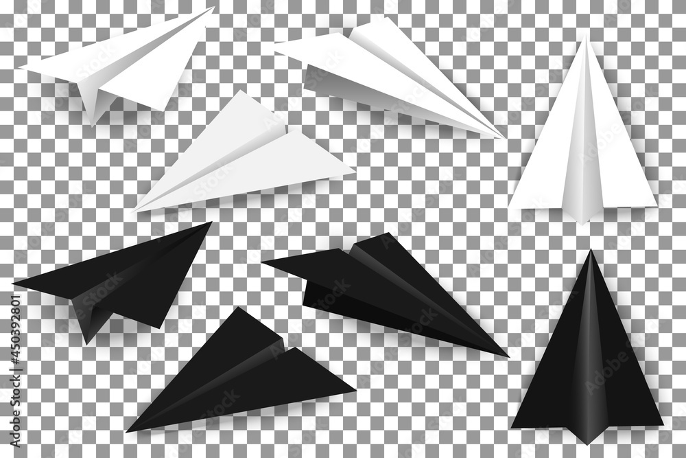 Realistic paper plane and origami airplane black and white icon set ...