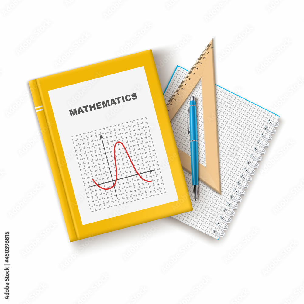 mathematics textbook with notebook pen and ruler. Vector isolated ...
