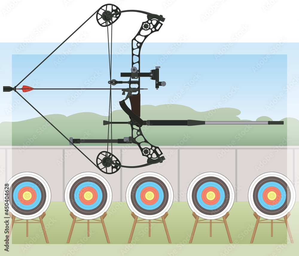 archery compound bow and arrow with row of targets in an outdoor ...