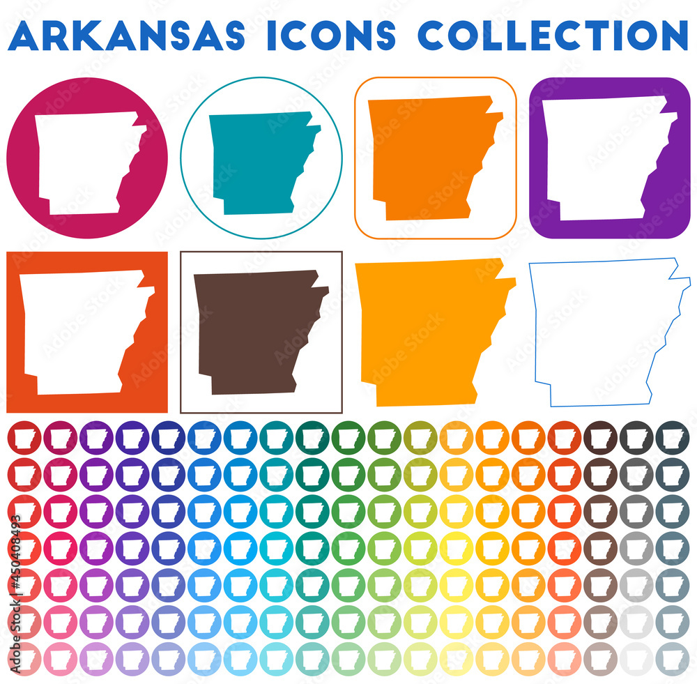 Arkansas icons collection. Bright colourful trendy map icons. Modern ...
