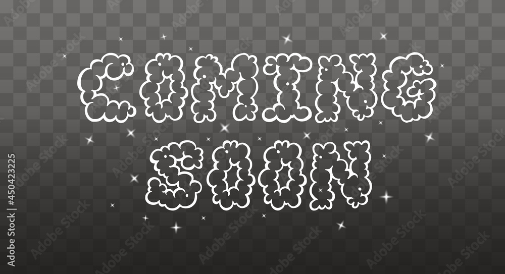 Coming soon lettering. Cloud font. Flat vector illustration on ...