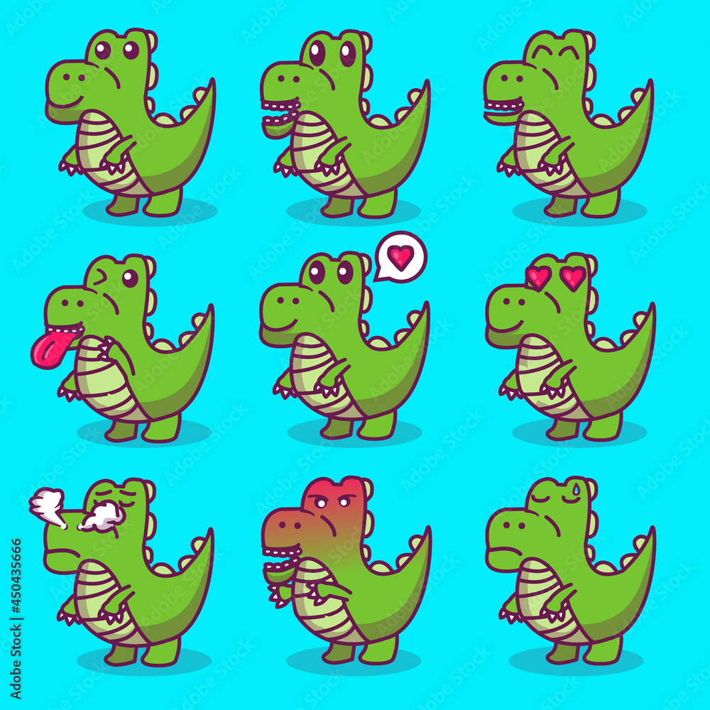Set of Cute Dinosaur with different facial expressions. Dinosaur ...