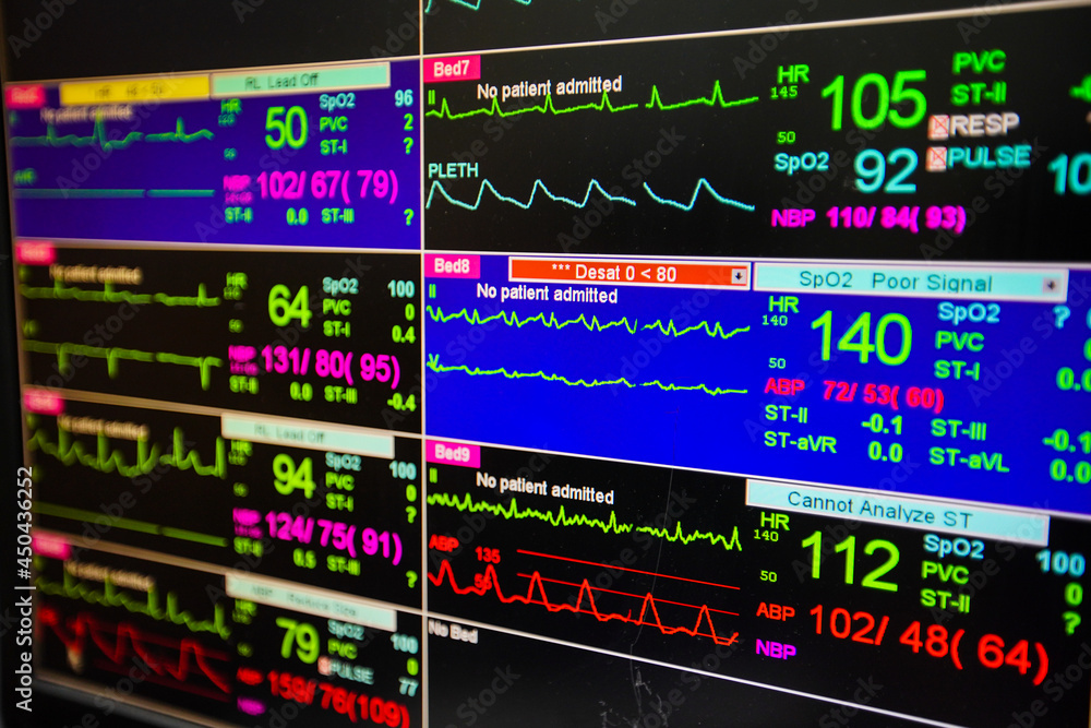 Modern vital sign monitor on patient background at ward in the hospital ...
