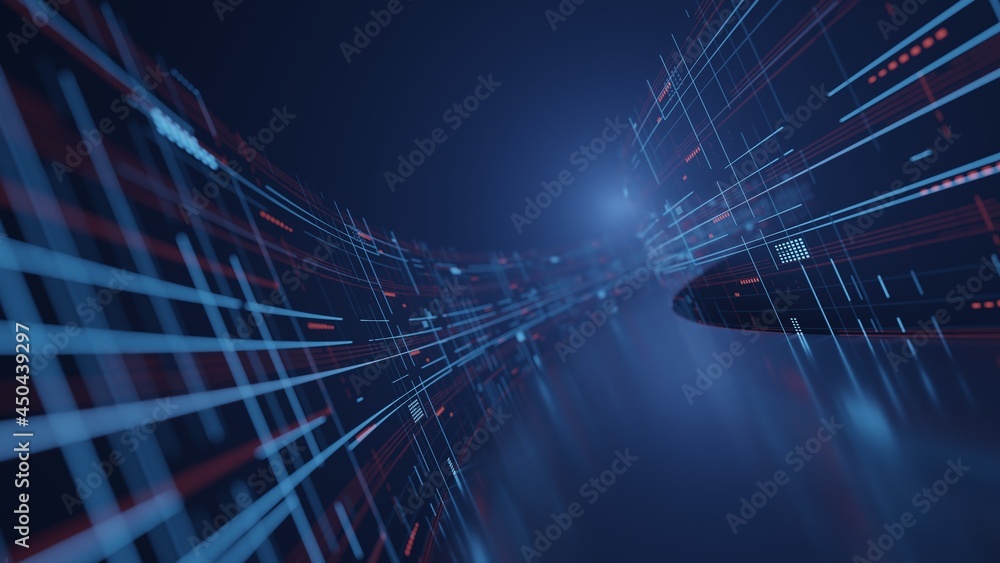 3D Rendering of abstract fast moving circuit lines. High speed motion blur. Concept of leading ...