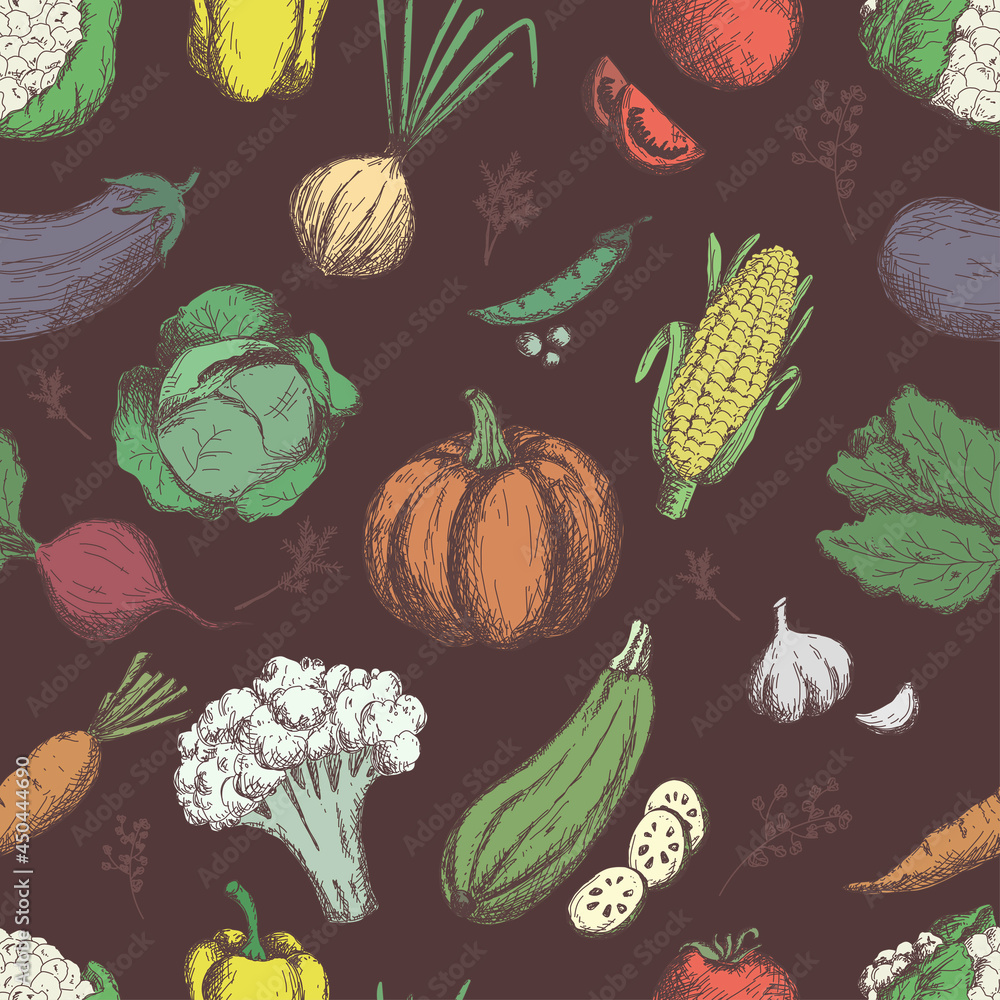 Freehand drawing vegetables. Vegetables seamless pattern. Linear ...