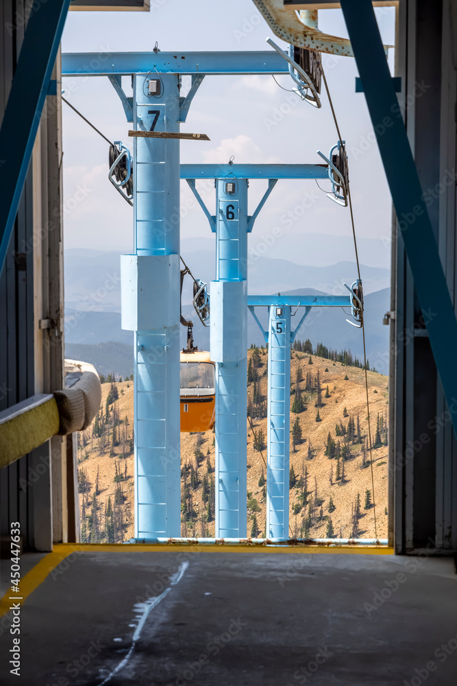 Cable car towers at Monarch pass in Colorado carry visitors to mountain ...