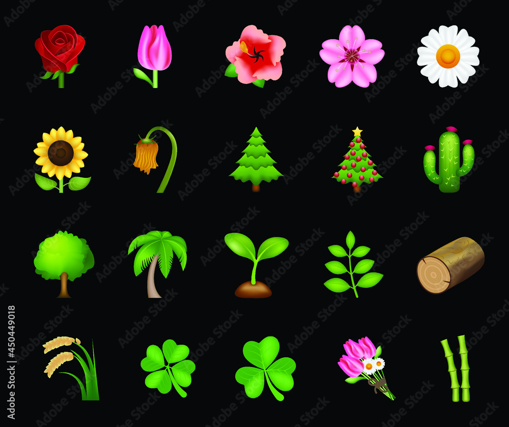 Set of different types of flowers, trees and plants vector emoji ...