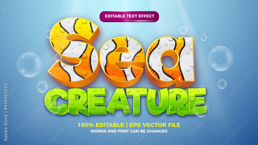 Editable text effect - sea creature cartoon cute style 3d template on ...