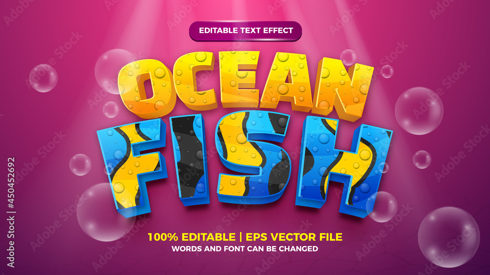 Editable text effect - sea fish cute style 3d template on deep sea ...