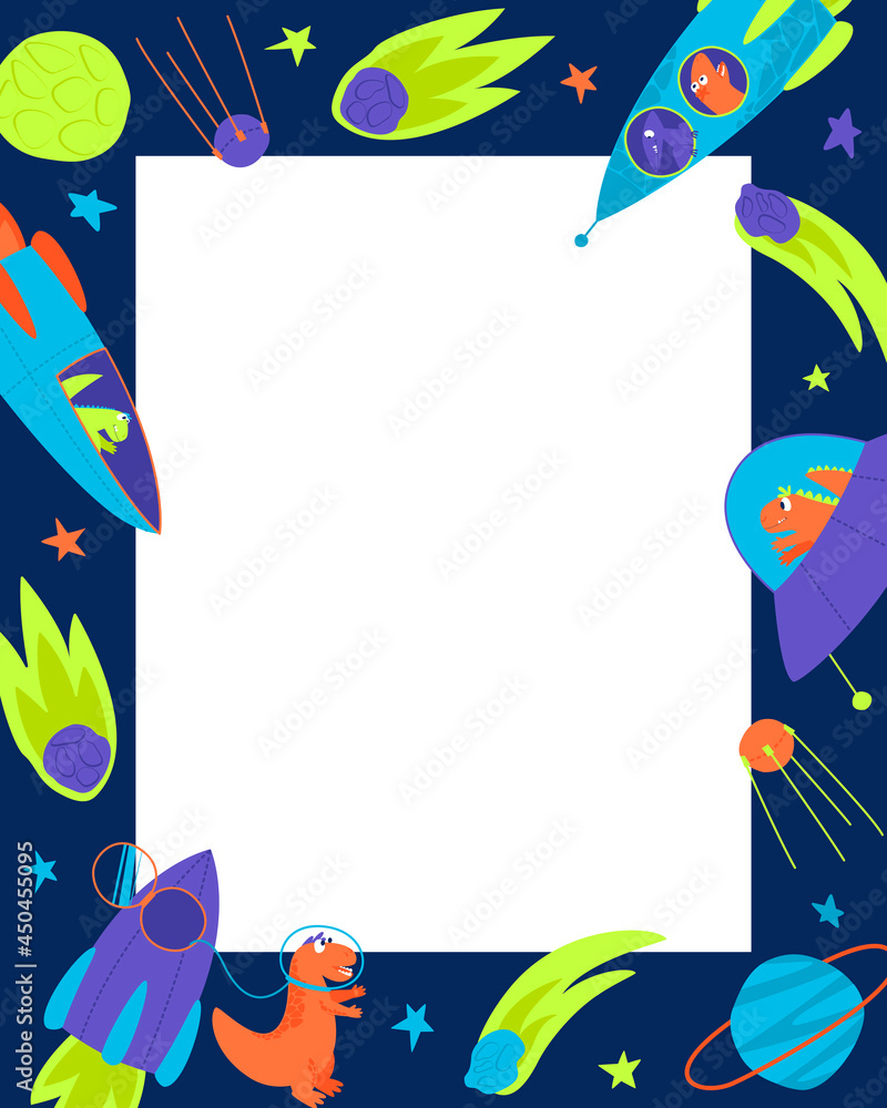 Frame of neon bright dinosaurs traveling into space on a rocket. Dino ...