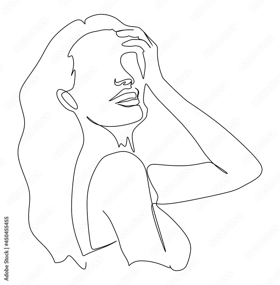 Continuous line art or One Line Drawing of a long hair woman picture ...