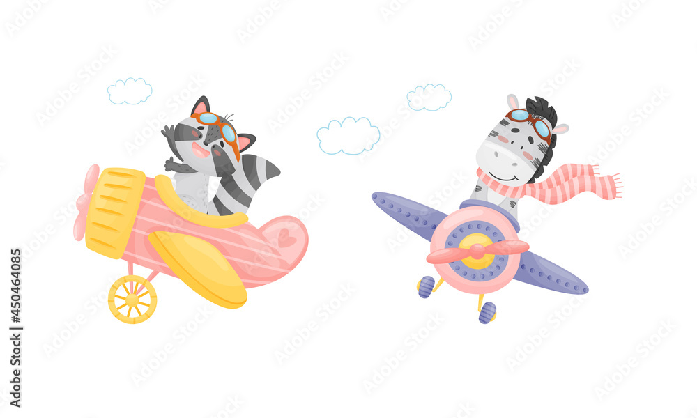 Cute baby animals pilots set. Funny raccoon, zebra, pilot characters ...