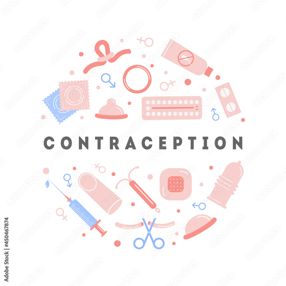 Birth Control Methods Banner Or Card Contraception Colored Flat Icons