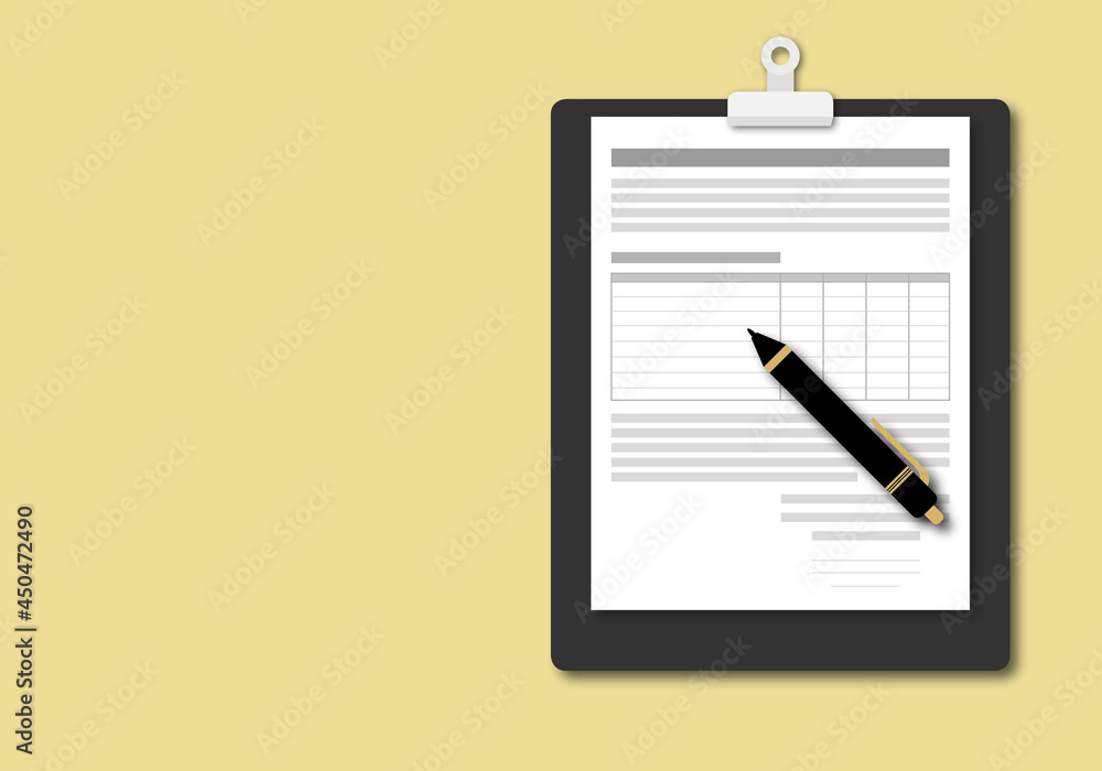 Document with pen on yellow background, application form, paperwork ...