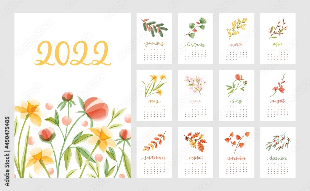 Floral calendar for year 2022 with month pages set and flowers ...