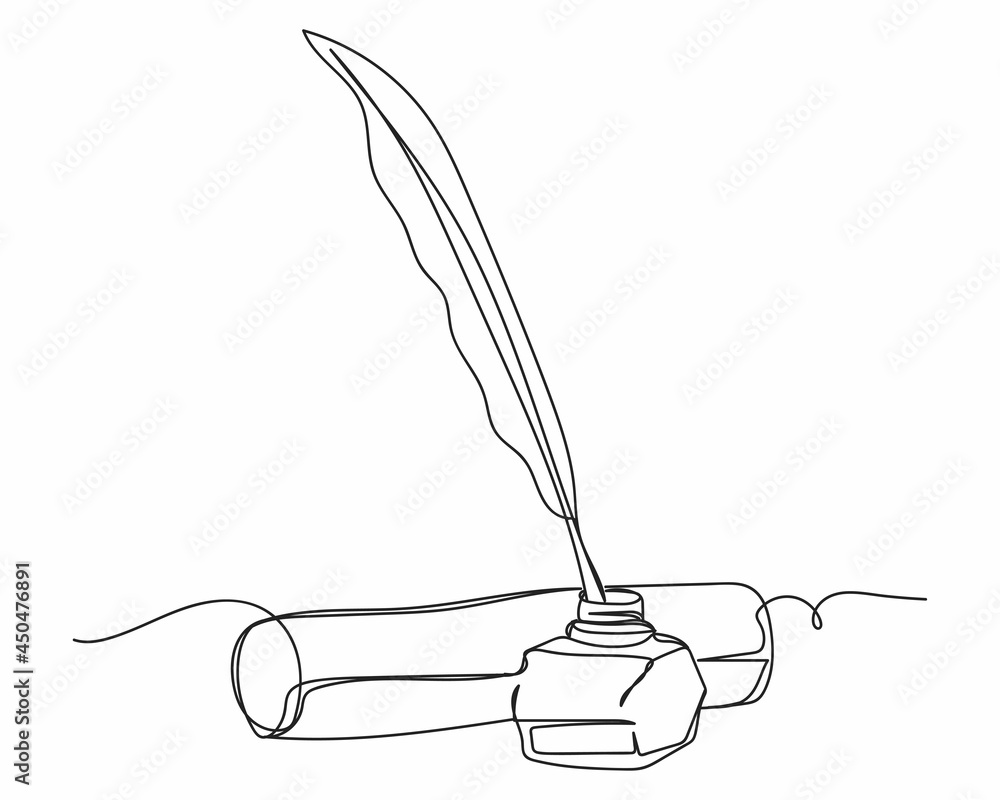 Continuous one line drawing of ink well with feather and old paper in ...