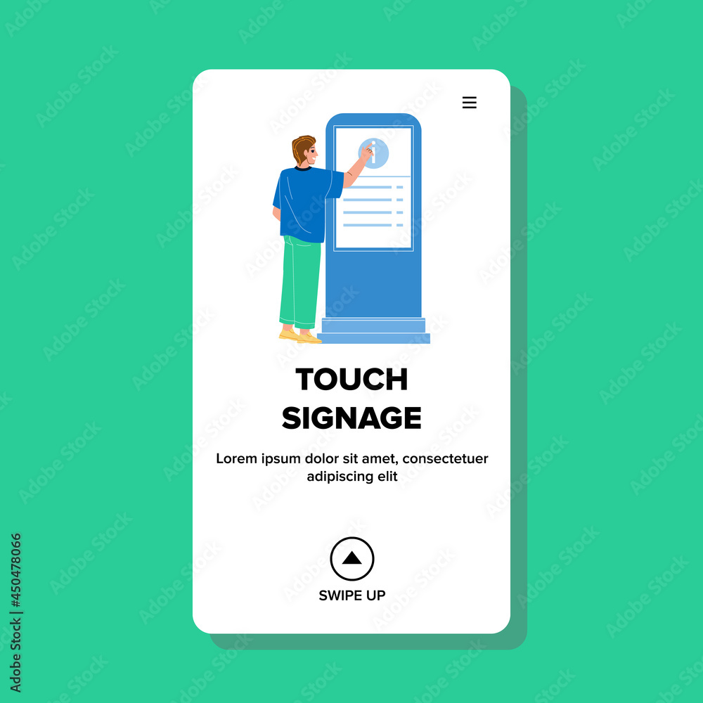 Touch Signage On Digital Touchscreen Panel Vector. Young Man Using ...