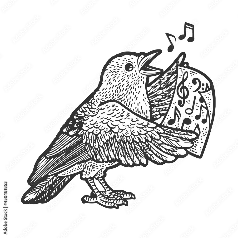 Bird sing by music notes sketch raster Stock Illustration | Adobe Stock