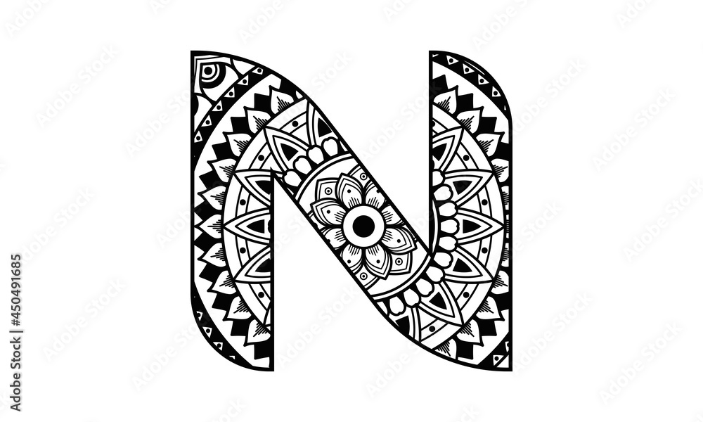 Mandala Letter N Monogram Doodle Font Coloring Book Page Printable ...