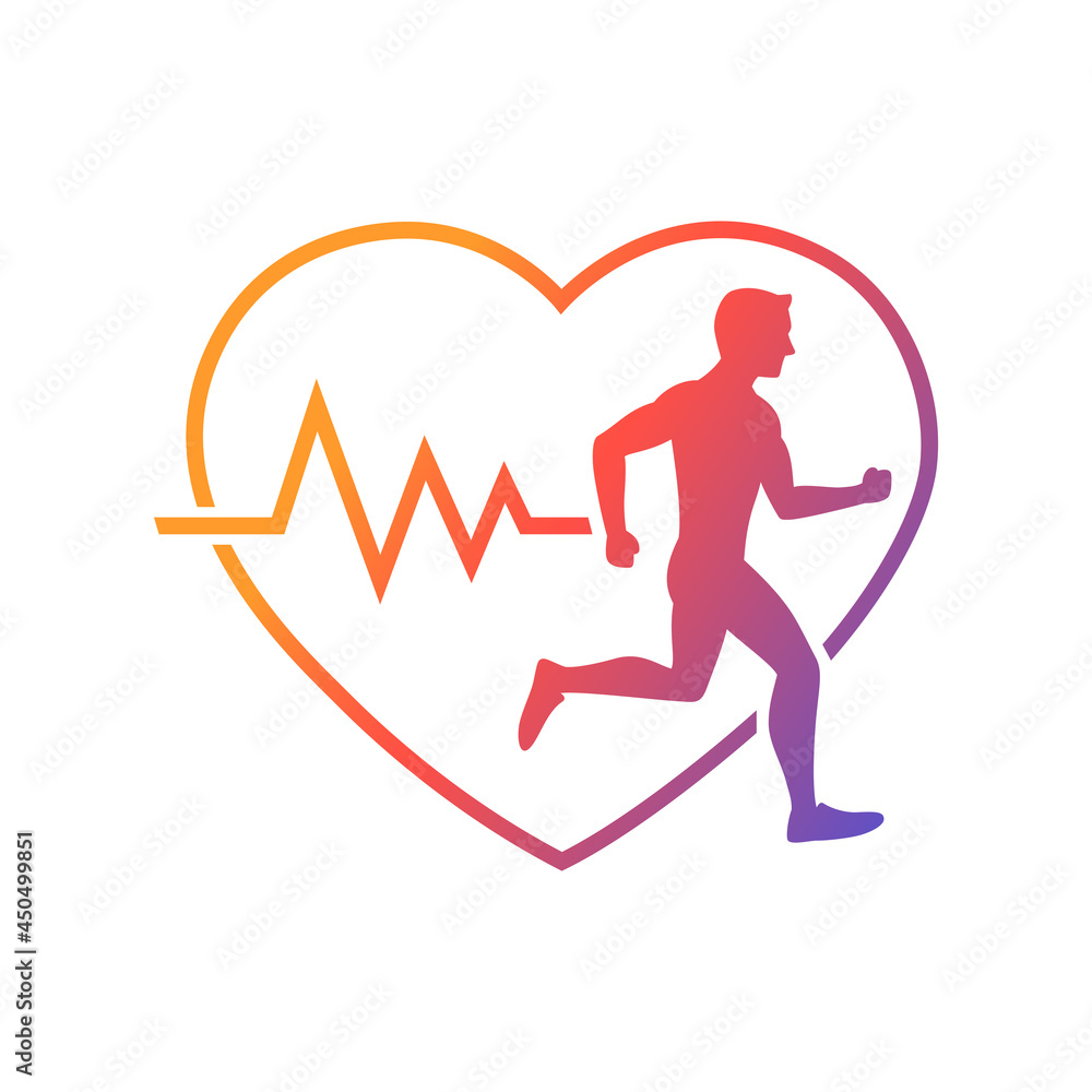Running man with line ecg heartbeat icon, Healthy cardio heart stronger ...