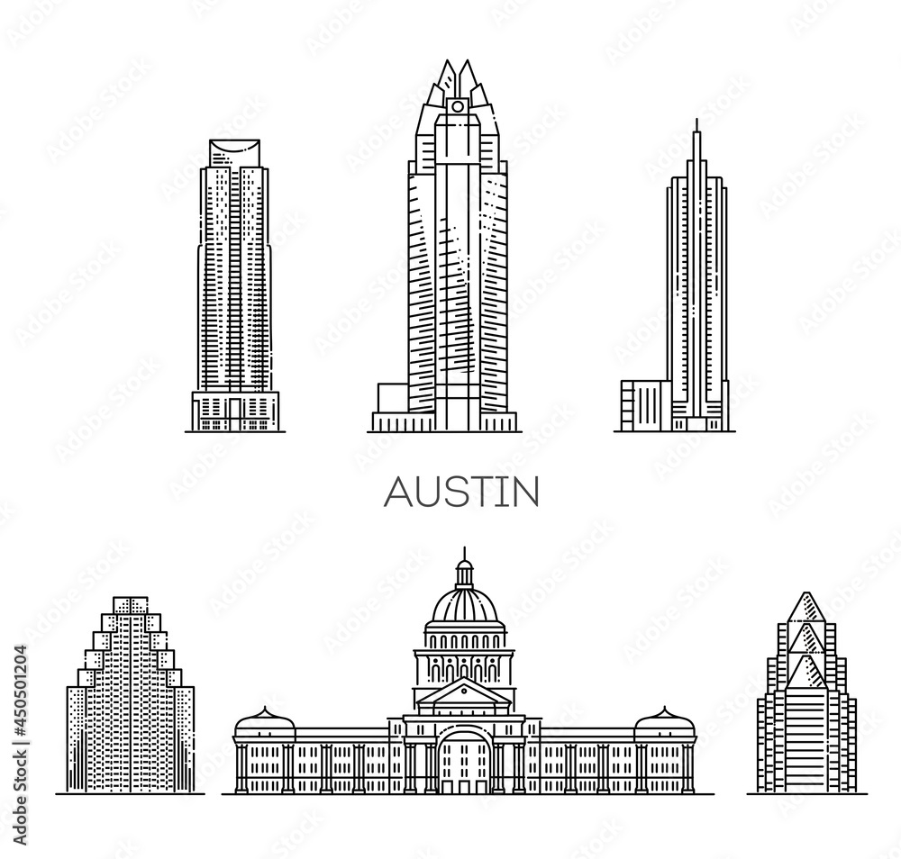 Austin architecture line skyline illustration. Linear vector cityscape ...