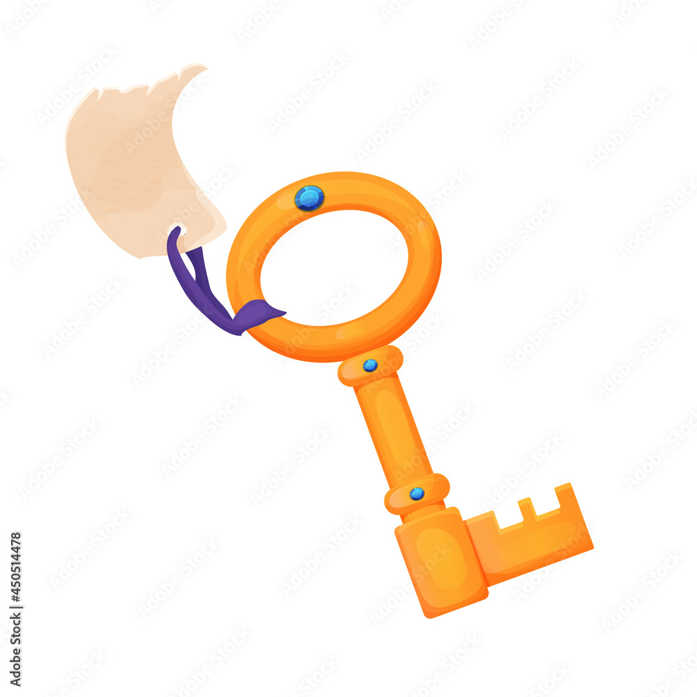 Golden key with gem stones and ribbon, ancient castle tool in cartoon ...