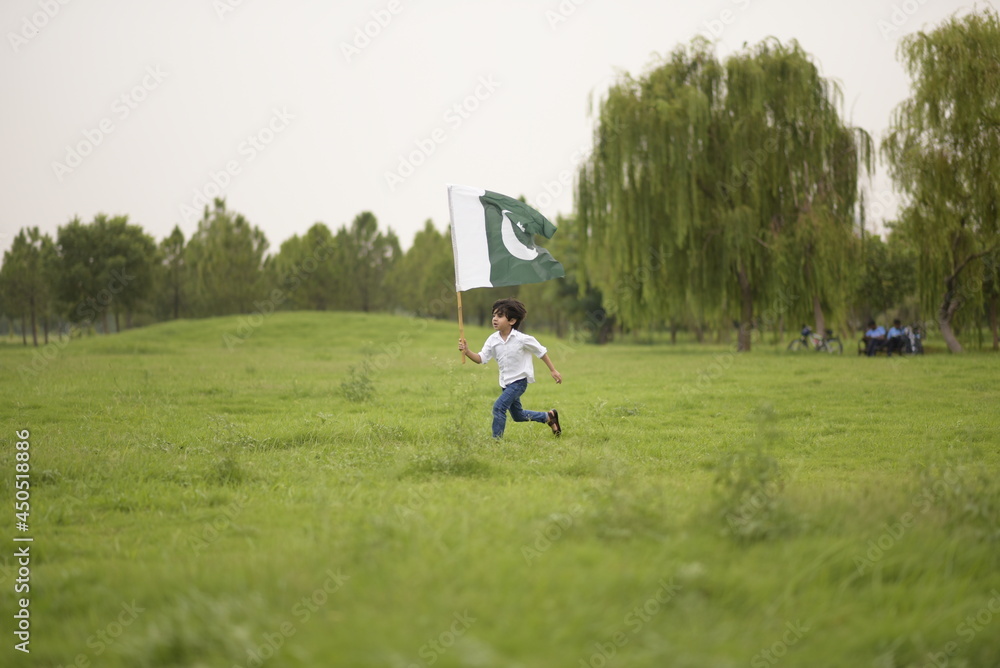 cheerful active little boy celebrating 14th of August, Pakistan ...