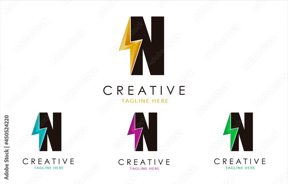 Letter N Lightning Bolt Logo Set Concept. 3d Electrical Logo Design ...