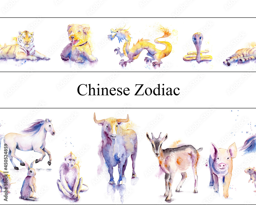 seamless border of watercolor chinese zodiac animals Stock Illustration ...
