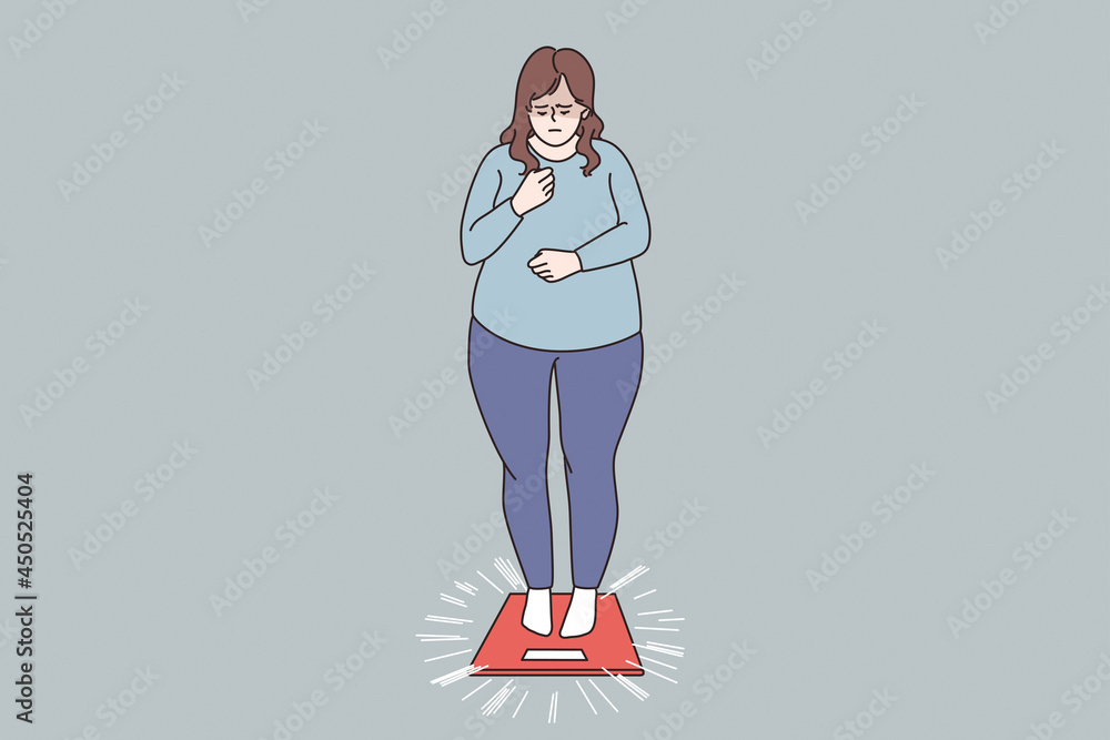 Overweight and Obese people concept. Fat obese sad woman standing on ...