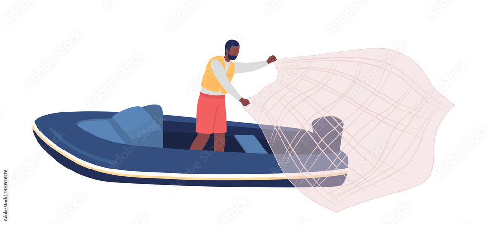 Angler with fishing gears semi flat color vector character. Trawling ...