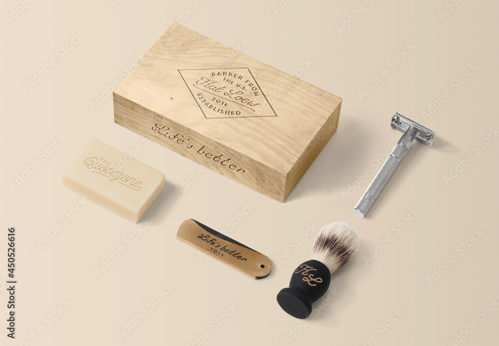 Wodden Box with Soap and Shaving Brush Mockup Stock Template | Adobe Stock