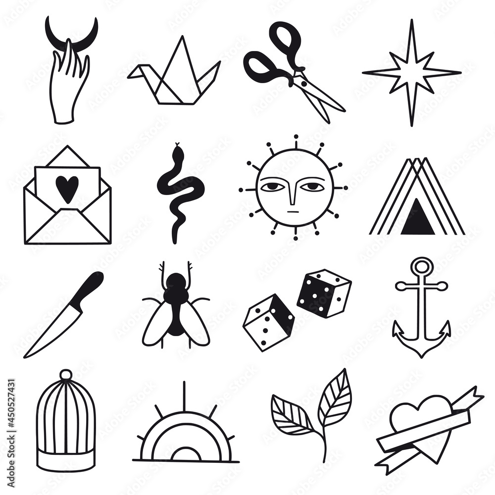 Highlight set. Various simple, cute outline elements. Magic line art ...