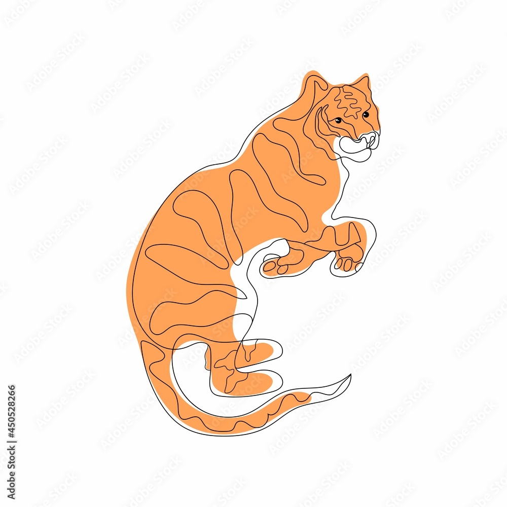 Vector illustration of a line art tiger.Contour drawing, one line ...