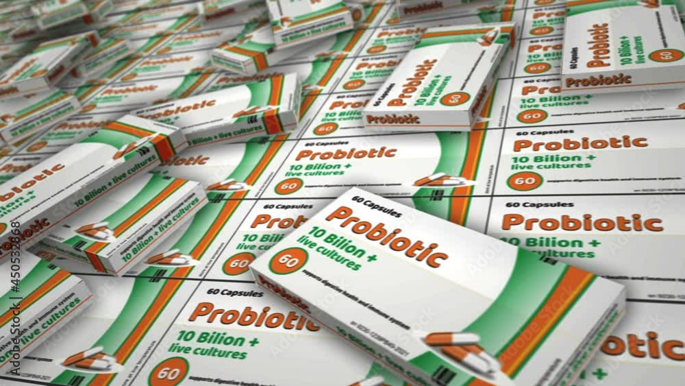 Probiotic pack production. Medical antibiotic therapy drug box ...