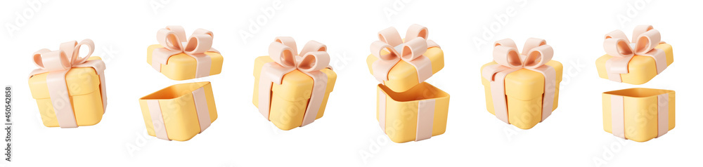 3d orange gift boxes open and closed set with pastel ribbon bow ...