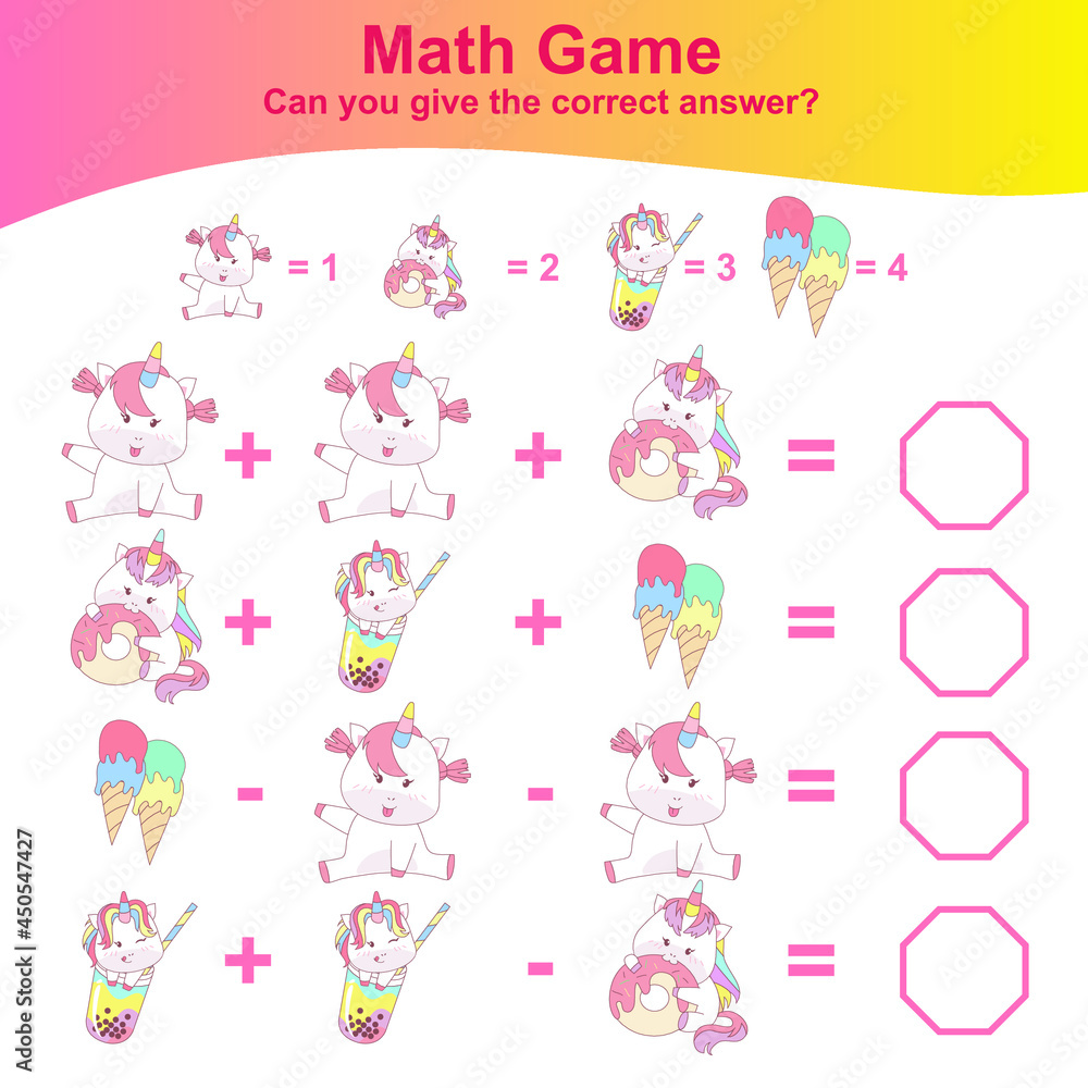 Counting unicorn game for children. Cute unicorn math worksheet ...