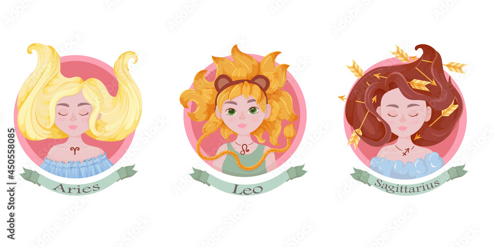 Zodiac sign as a beautiful girl with lush hair. Set of bright signs of ...